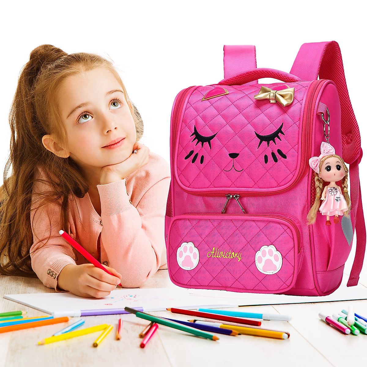 AO ALI VICTORY Girls Backpacks, Waterproof Cute Backpack for Kids Toddler Girl Preschool Bookbags Elementary School Bags (Small, A-Rose Red)