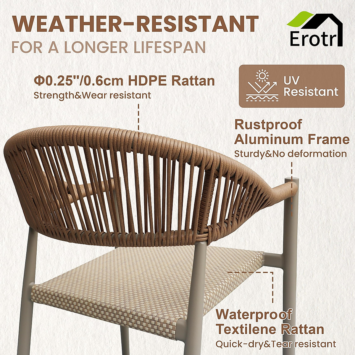 Erotr 4 Pcs Stackable Dining Chairs, Aluminum Rattan Outdoor Dining Chair with Arms, Woven Rope Patio Armchair Metal No Assembly for Bistro Garden Balcony Porch Deck Yard Cafe Restaurant, Light Brown