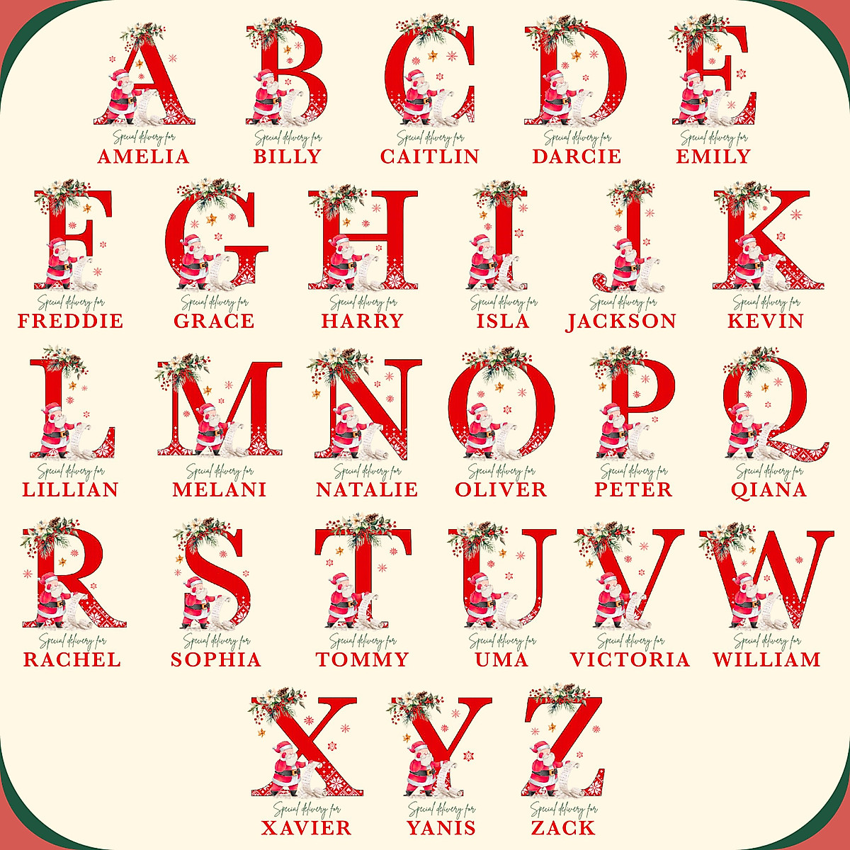 Personalized Initial Christmas Red Handle Gift Bag, Customized Holiday Sack, Monagrammed Totes for Xmas Presents