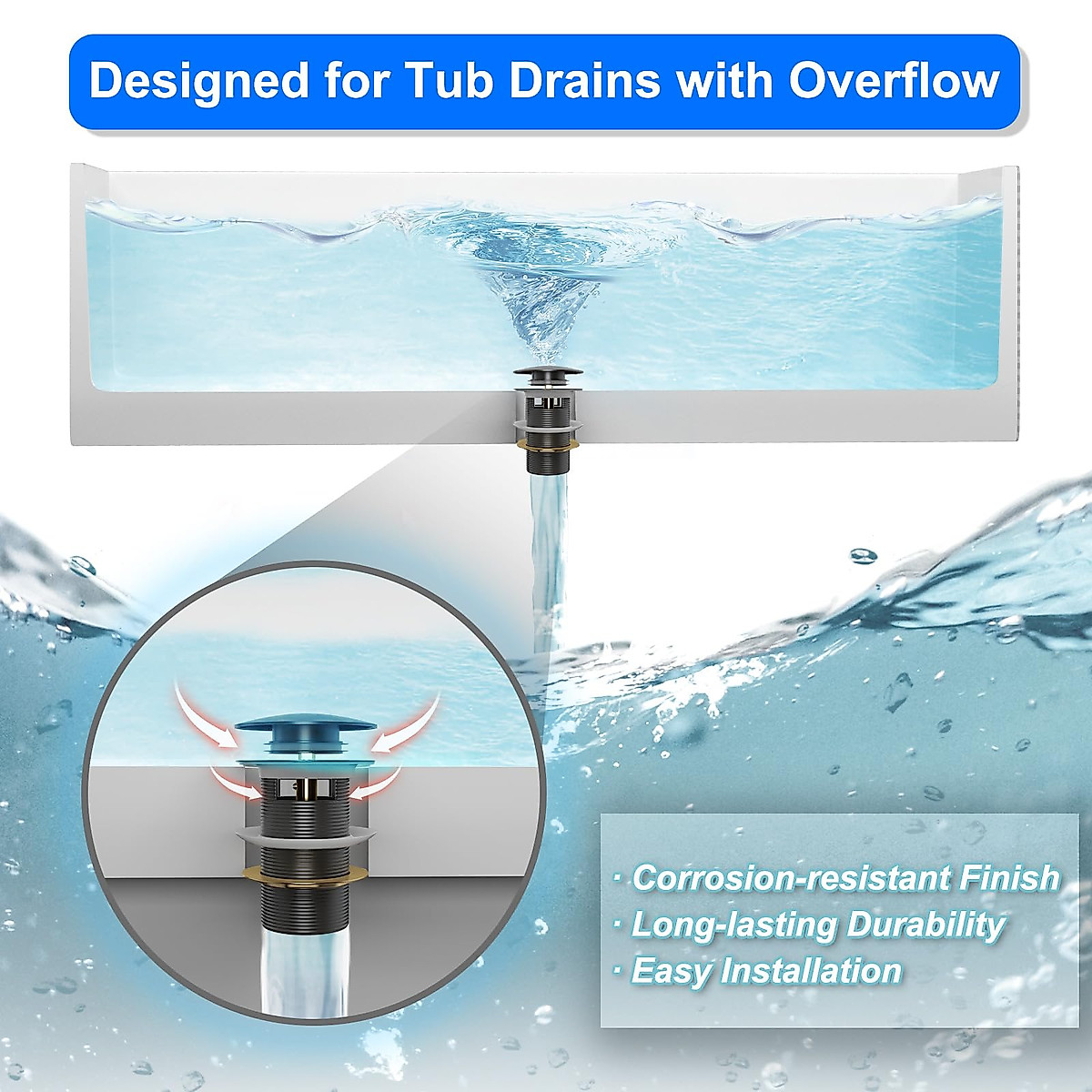 Fibetter Pop-up Drain for Freestanding Tub, Free Standing Bathtub Drain Stopper Kit for Tub Drains with Overflow, CUPC Certification (Space Gray)