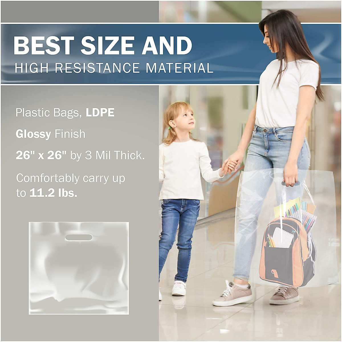 50 Pack Extra Large Glossy Clear Merchandise Bags 26" x 26" x 3 mil Thick - Die Cut Handles - Ideal for Shopping, Large Packages, Toys - Color Clear - Recyclable