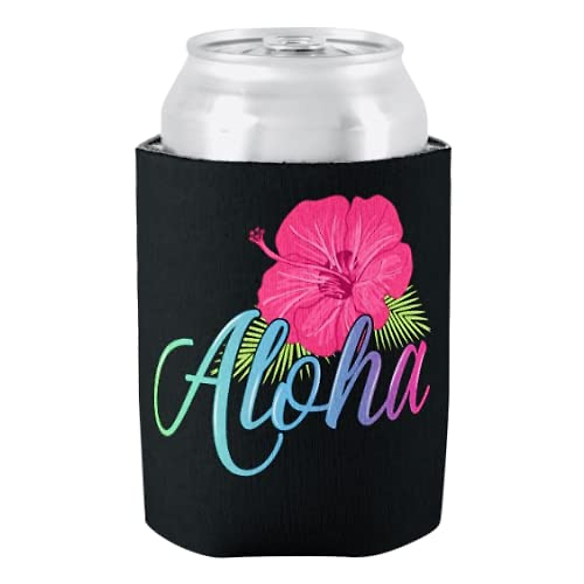 Aloha Hawaii Hibiscus & Mahalo Beer Can Coolers Sleeves (2-Pack) & 1 Aloha Decal - Soft Insulated Beer Can Cooler Sleeves - 5mm Neoprene Collapsible Black Can Sleeves for Soda, Beer & Water Bottles
