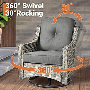 ovios Outdoor 7 Piece Patio Furniture with Fire Pit Table,Wicker Coversation Set with Swivel Rocking Chair,Comfy Sectional Deep Sofa with Ottoman for Outside Porch Balcony Backyard Pool,Dark Grey