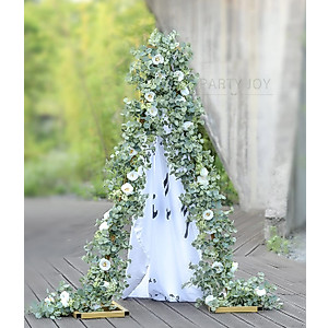 PARTY JOY 6.56ft Eucalyptus Garland with Flowers-8 White Roses, Artificial Fake Flowers Greenery Garland Floral Vines for Decoration Party Wedding Table Indoor Outdoor Backdrop Wall Decor(White)