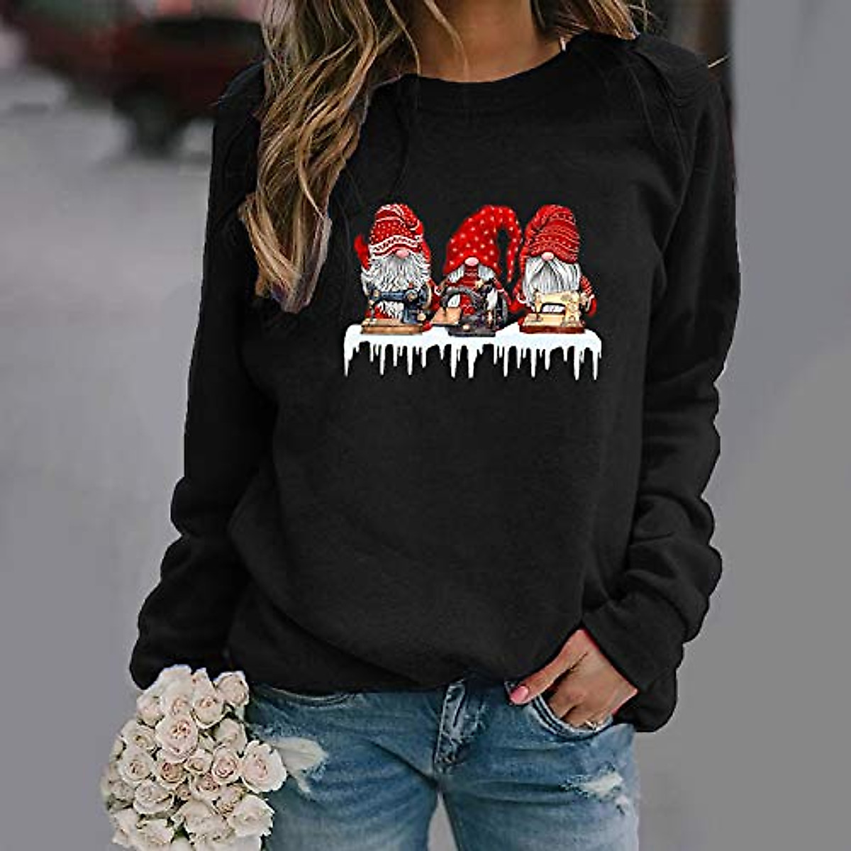 Dosoop Women's Christmas Crewneck Long Sleeve Sweatshirts Casual Loose Fit Faceless Doll Graphic Pullovers Tops Tee Shirts