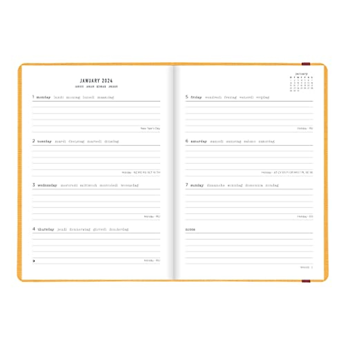 Letts of London Raw Weekly/Monthly Planner, 12 Months, January to December, 2024, Sewn Binding, A5 Size, 8.25" x 5.875", Multilingual, Mustard (C082309-24)