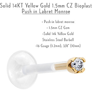 Body Candy 14k Yellow Gold 1.5mm CZ Bioplast Push in Labret Monroe 16 Gauge 3/8"
