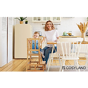 COSYLAND Kids Kitchen Step Stool，Toddler Standing Tower with CPC Certification, Removable Anti-Drop Railing Safety Rail Enjoys Unique Patented Design A Anti-tip Structure More Stable, Natural Bamboo