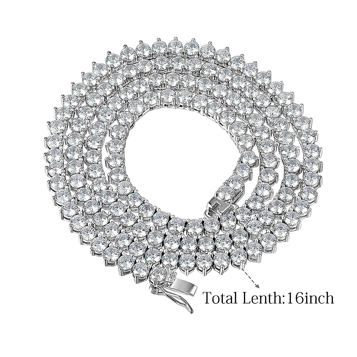 Tennis Necklace for Women and Men 18K Gold Plated Cubic Zirconia Chain, 4mm Round cut CZ Chain (3prong 16inch white gold plated)