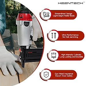 KEENTECH Pneumatic Brad Nailer, 18 GA, 2 in 1 Nail Gun and Crown Stapler Fires 2 Inch Brad Nailes and 1-5/8 Inch Crown Staples, for Carpentry, DIY Project, Woodworking, Silver & Red (KT5040)