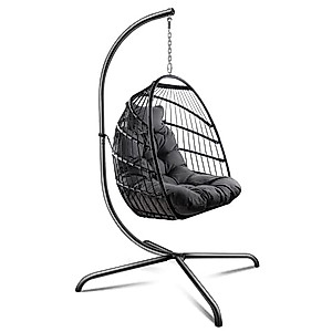 FUZOFUIZ Swing Egg Chair with Stand Indoor Outdoor Wicker Rattan Patio Basket Hanging Chair with C Type Bracket, with Cushion and Pillow,Patio Wicker Folding Hanging Chair (Black)