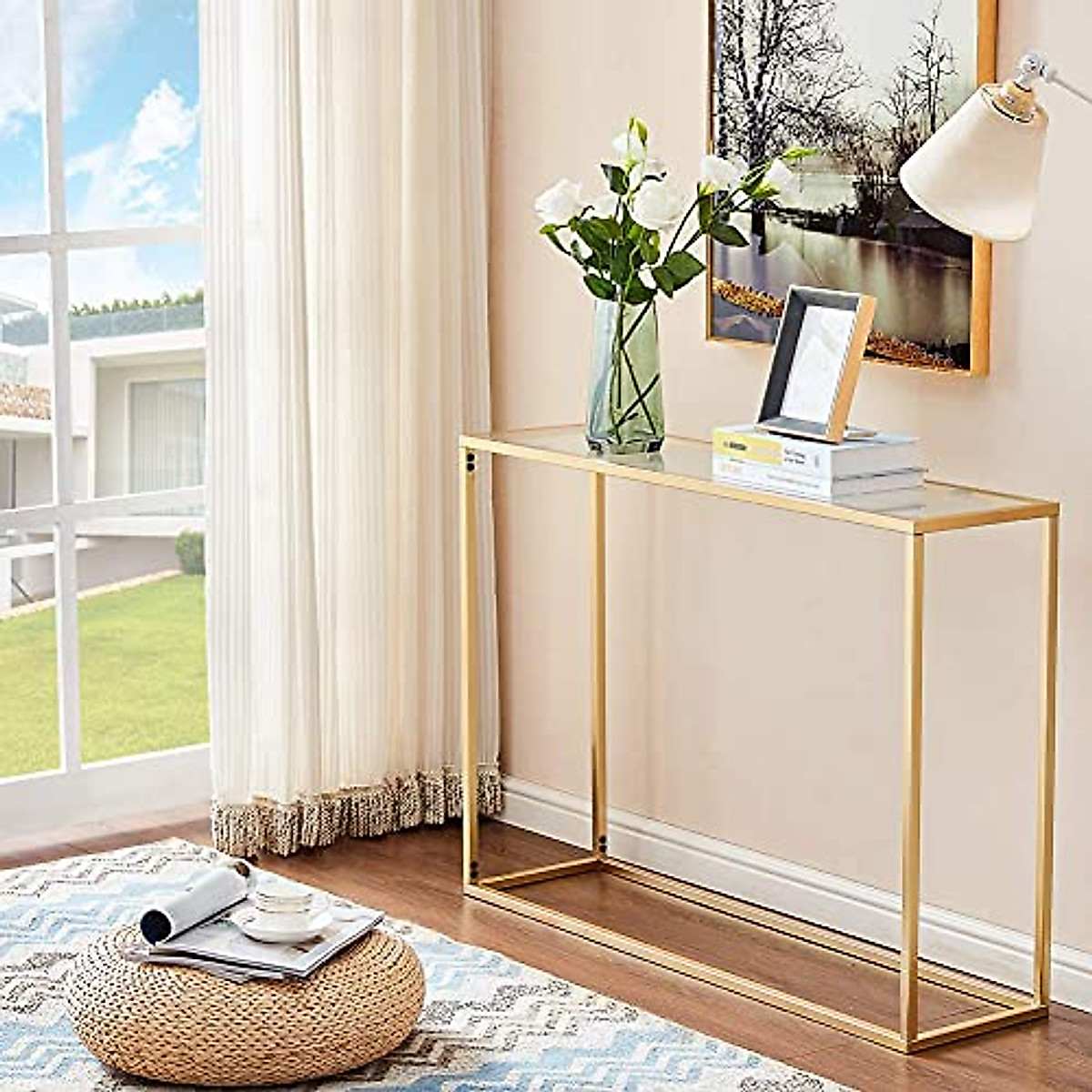 Wimarsbon Gold Console Table, Glass Sofa Tables, Modern Open Hallway Table, Narrow Entryway Table, Slim Accent Porch Table, Couch Side Table with Golden Metal Frame, Easy Assembly