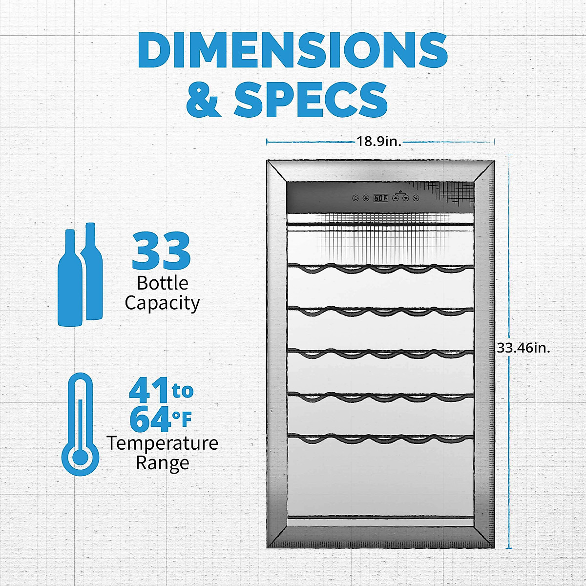 NewAir Compressor Wine Cooler Refrigerator in Stainless Steel | 33 Bottle Capacity | Freestanding or Built-In Fridge | UV Protected Glass Door with Digital Thermostat NWC033SS01