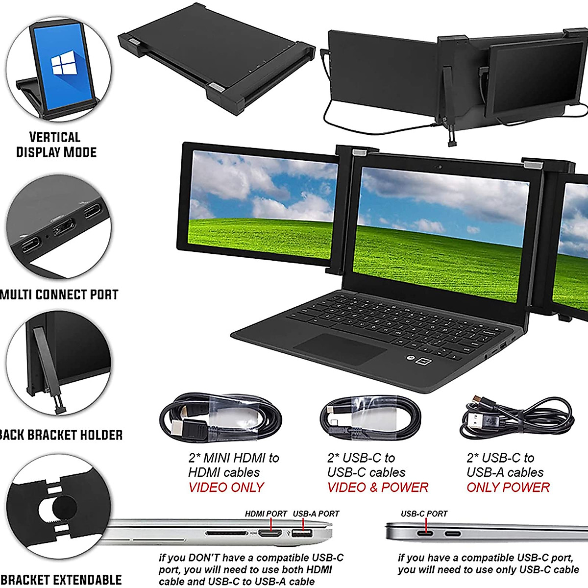 FKA Portable Monitor for Laptop, Portable Screen, Dual or Triple Screen 13.3''1080P IPS USB-A/Type-C/HDMI Monitor Extender, Compatible with 14.5''-16''Laptop, Splint is Retractable, Stretch Bracket Be