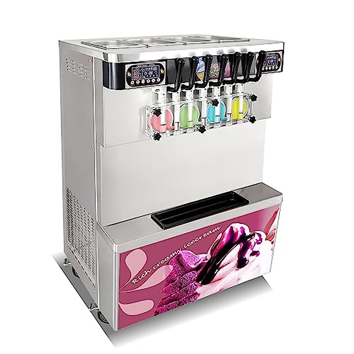 Kolzayier ETL Commercial 7(4+3 Mixed) Flavors Soft Ice Cream Machine,Floor Style Heavy Duty Soft Serve Ice Cream Maker,17 gallon/Hour,Upper Tanks Refrigerated,full Transparent Dispenser Set
