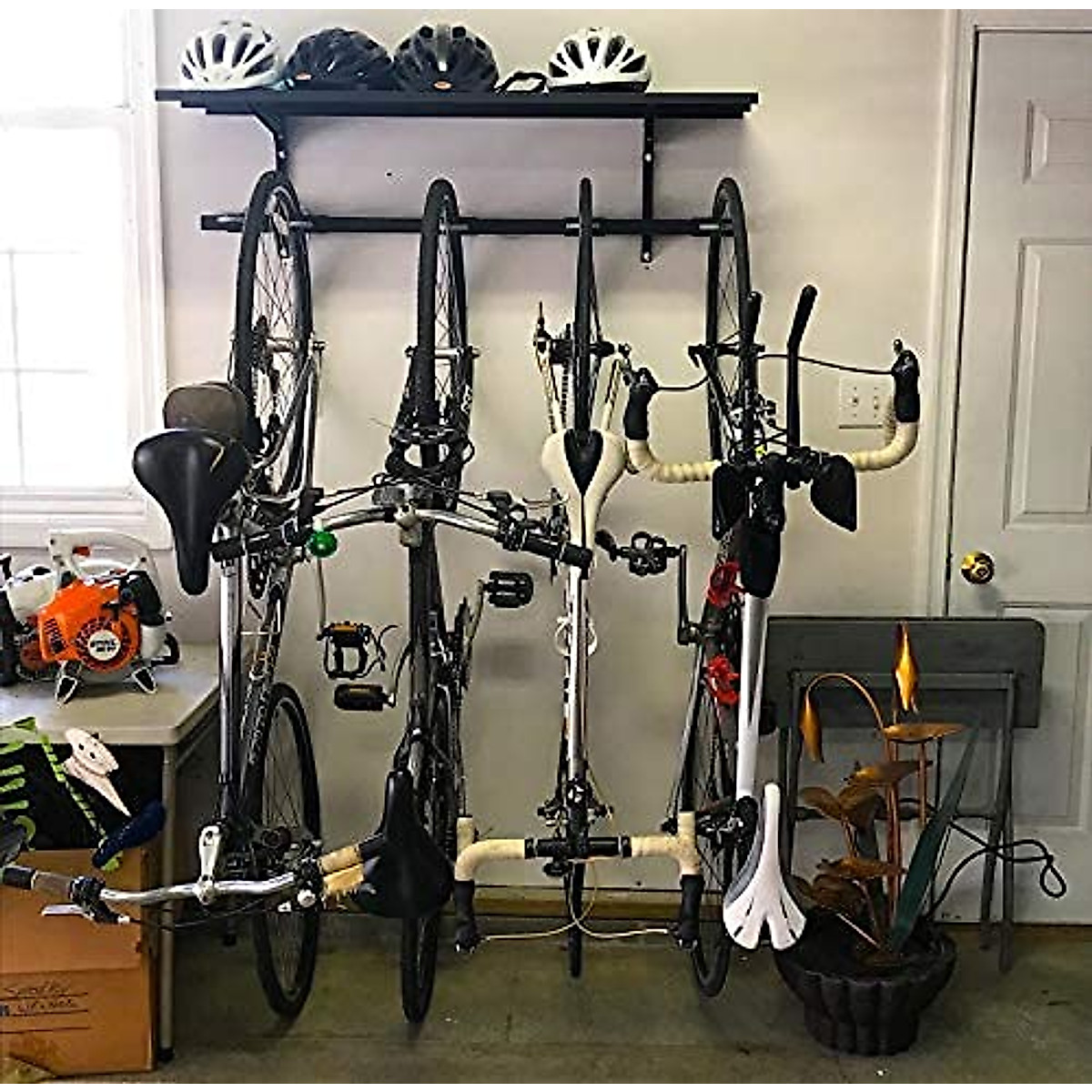 StoreYourBoard 5 Bike Essential Garage Rack, Wall Mount Bicycle Storage, Adjustable Hanger System (5 Bike Rack + Shelf)