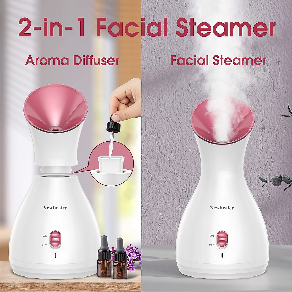 Newbealer 2in1 Facial Steamer, Hot Mist Facial Aromatherapy Humidifier Atomizer, Large Face Steamer Unclogs Pores Sinuses Moisturizing, Home Sauna Spa with Eyebrow Set (Red, 170 ml)