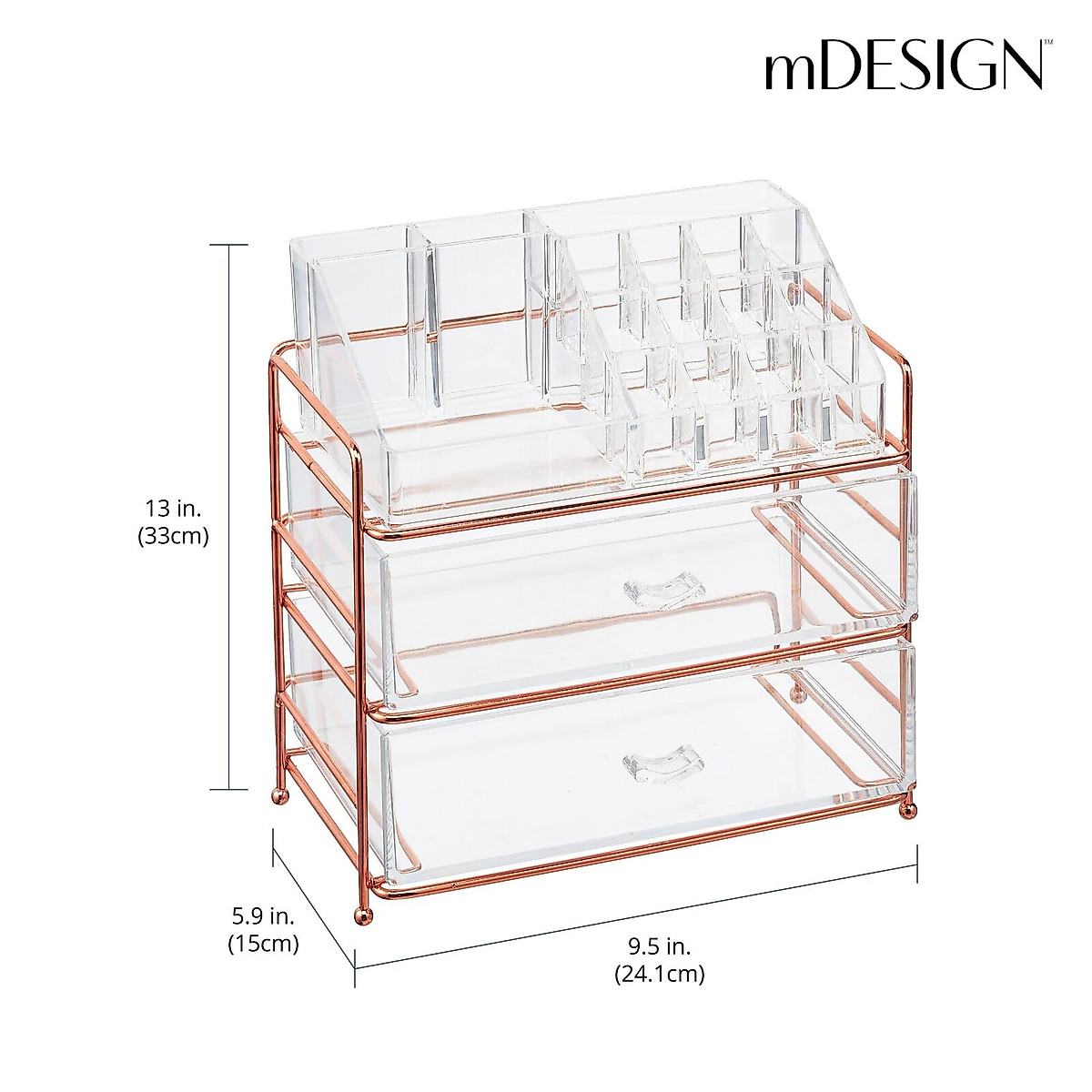 mDesign Plastic Cosmetic Storage Organizer Station with 2 Drawers and 16 Divided Sections for Bathroom, Cabinet, Vanity, Countertop - Holds Makeup Palettes, Brushes, Blush, Mascara - Rose Gold/Clear