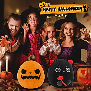 Emoin Halloween Plush 11.8" Reversible Halloween Pumpkin Cat Stuffed Animal Soft Black Cat Pumpkin Pillow Halloween Decor Birthday Gift for Kids