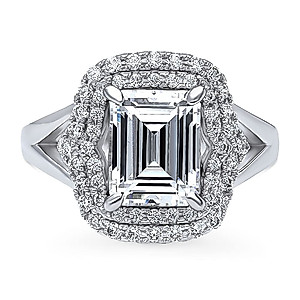 BERRICLE Sterling Silver Halo Wedding Engagement Rings Step Emerald Cut Cubic Zirconia CZ Statement Cocktail Split Shank Ring for Women, Rhodium Plated Size 8