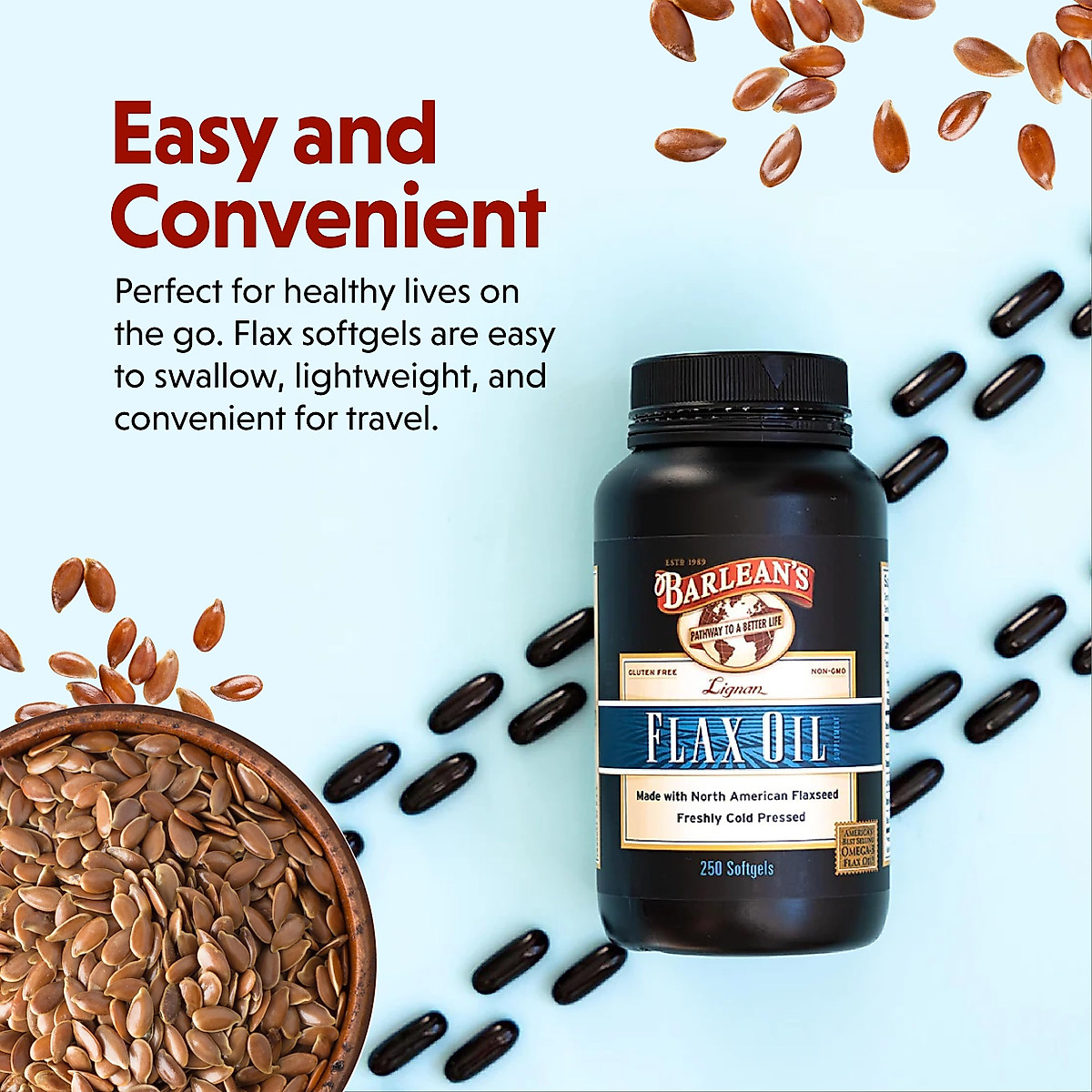 Barlean's Lignan Flaxseed Oil Softgels, Cold-Pressed Flax Seed Supplement with 1,550 mg ALA Omega-3 Fatty Acids for Joint & Heart Health, 1000mg, 250 ct