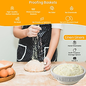 Jims Goods Bread Banneton Proofing Basket Set W/9 Inch Round & 10 Inch Oval Banneton Basket, Homemade Bread Sourdough Starter Kit W/Lame + Lame Case, Dough Scrapper & Whisk, Linen Liner (Set of 2)