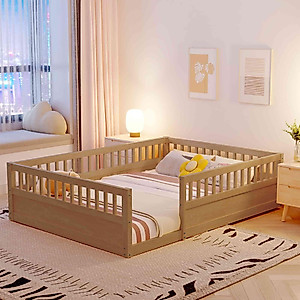 ATY Wooden Full Size Floor Bed with Fence, Wood Slat Support Bedframe for Kids, Toddlers, Easy Assemble & Space Saving Design, Natural
