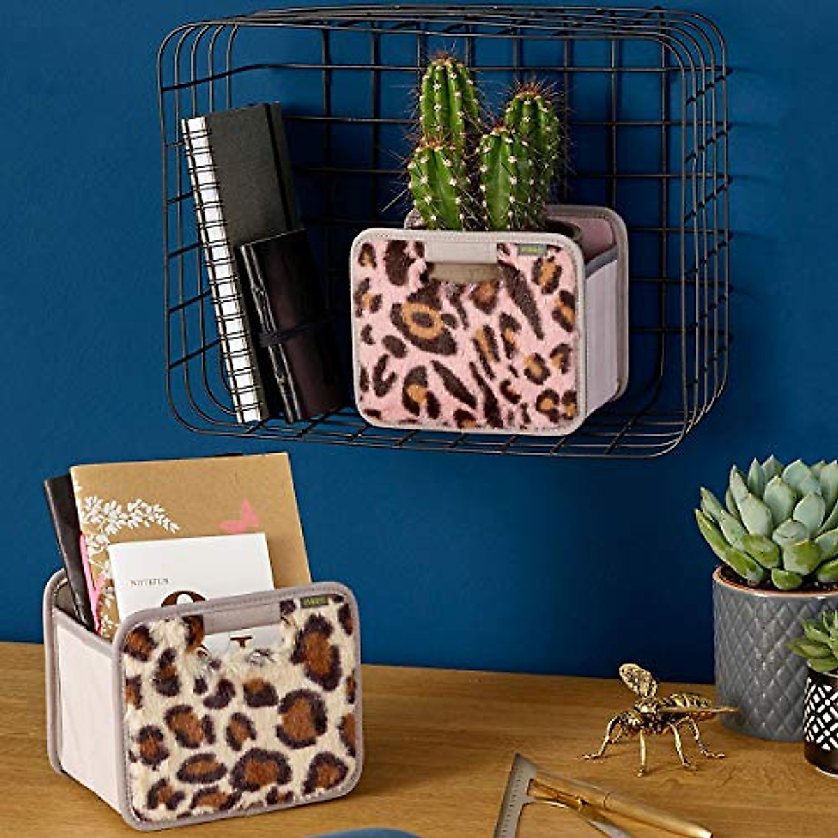 Meori folding mini 16.5 x 12.5 x 14 cm storage solution desk pens accessories collection box organiser, Polyester, Plush Leopard Rose