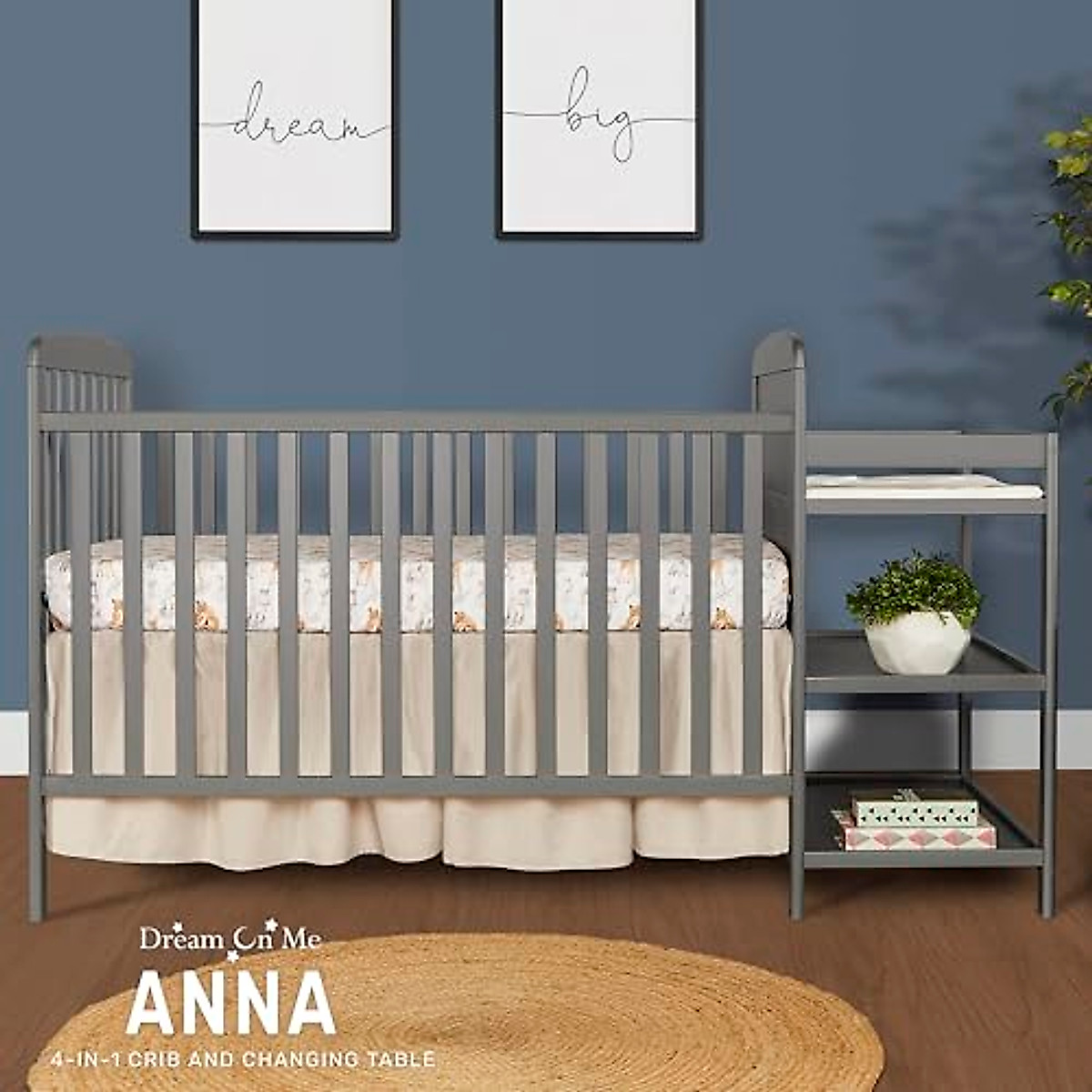 Dream On Me Anna 3-in-1 Full-Size Crib and Changing Table Combo in Steel Grey, Greenguard Gold Certified, Non-Toxic Finishes, Includes 1" Changing Pad, Wooden Nursery Furniture
