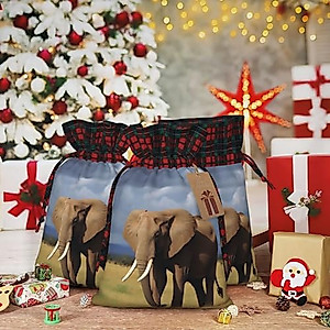 Christmas Gift Bags with Drawstring Burlap Gift Bags Africa Elephant Christmas Linen Bags for Xmas Party Candy Bags with Cards Xmas Reusable Wrapping Bags Christmas Linen Treat Bags for Holiday
