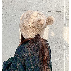Fluffy Knit Beanie Hats for Women Winter Faux Fur Warm Knit Crochet Skull Cap with Pompom Outdoor Ear Cover Black