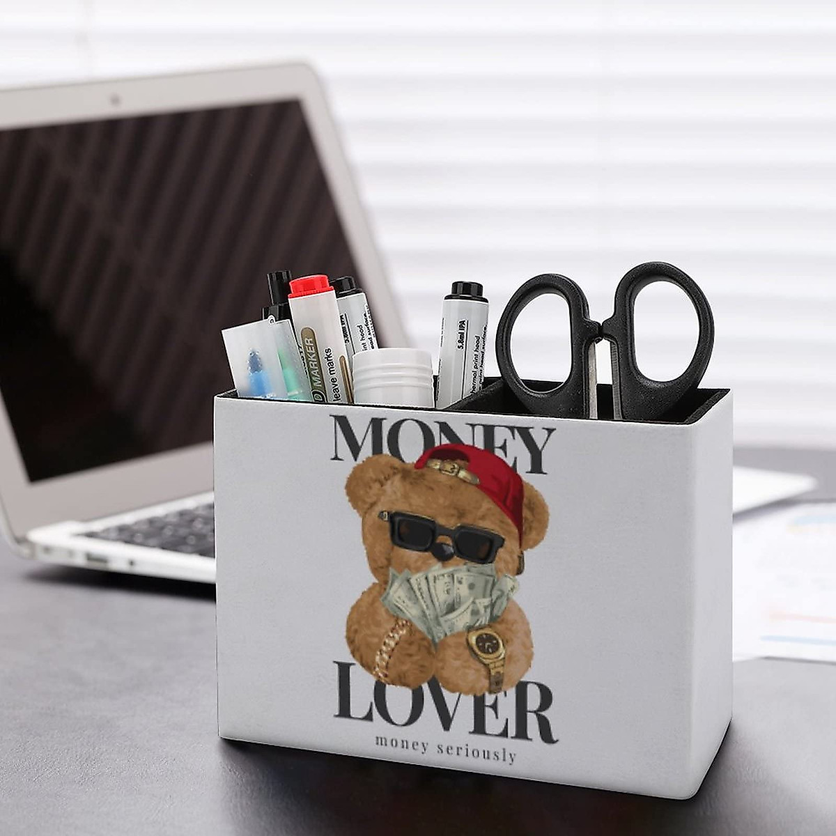 Niapessel Pencil Holder for Desk, Money Lover Slogan with Bear Pen Holder Storage Desktop Pen Organizer Desk Pencil Organizer Makeup Brush Holder for Office School College Leather