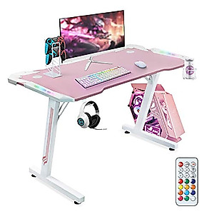 YOUTHUP Gaming Desk with LED Lights, 43.3 Inch Z Shaped Game Desk for PC Gamer, Ergonomic Racing Style Computer Table Workstation with Remote Control, Headphone Hook, Cup Holder, Handle Rack, Pink