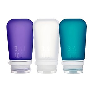 humangear GoToob+ 3-Pack (Large) | Refillable Silicone Travel Bottle | Locking Lid | Food-Safe Material, Clear/Purple/Teal, Large (3.4 fl.oz.; 100ml)
