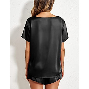 Ekouaer Satin Sleepwear Women's Short Sleeve Pajamas Silk Soft Loungewear Two Piece Pjs Set (Black,S)