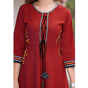 Yash Gallery Women's Cotton Slub Embroidered 3/4 Sleeve Round Neck Anarkali Kurtis (US, Alpha, Large, Regular, Regular, Maroon)