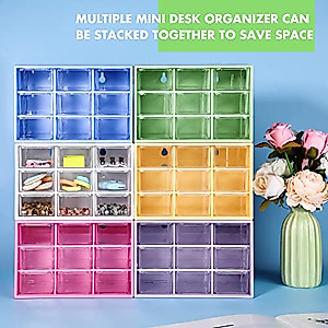 Rtteri 9 Pieces Mini Drawer Organizer Plastic Desktop Storage Box Desk Craft Organizer with 9 Clear Drawers for Office Home Jewelry Small Parts Belongings Cosmetics Collection, Wall Mounted (White)