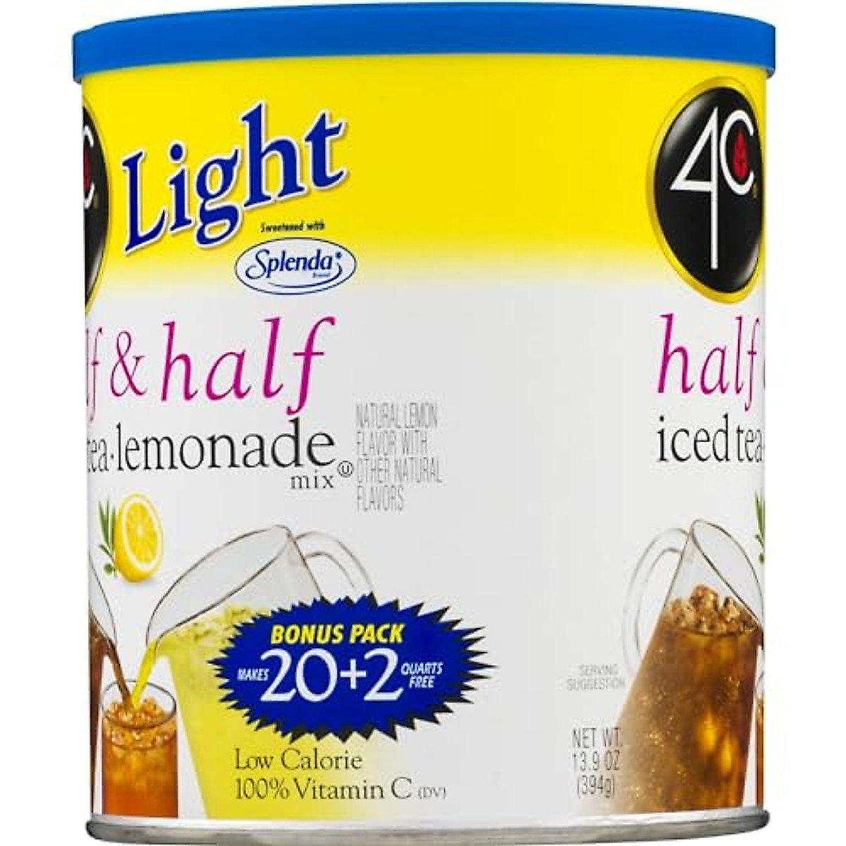 4C Light Powdered Drink Mix Cannisters, Zero Sugar Half & Half, 22 Quarts, Family Sized Cannister, Low Calorie, Thirst Quenching Flavors (Light Half & Half, 13.9 Ounce (Pack of 2))