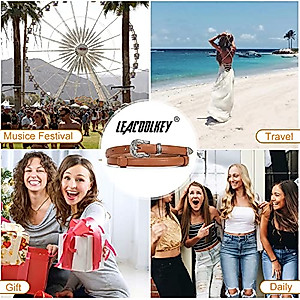 LEACOOLKEY Women Skinny Leather Belt for Dress Western Buckle Adjustable Thin Waist Belt for Jeans