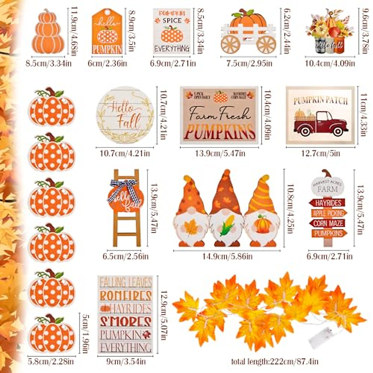 Harvest Fall Tiered Tray Decor with Lights - 19 Pcs Set Includes Gnome Signs, Leaves Garland, Pumpkin for Home Table