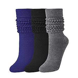 JOCMIC Slouch Socks for Woman 3 Pairs Women Scrunch Socks Extra Long Knee High Slouchy Socks Size 6-11 black+dark blue+dark grey