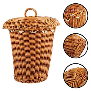 Kichvoe Wicker Trash Can with Lid Small Trash Can Laundry Sundries Basket Rattan Waste Basket Rustic Boho Woven Garbage Bin Office Rubbish Can for Bedroom Bathroom Office