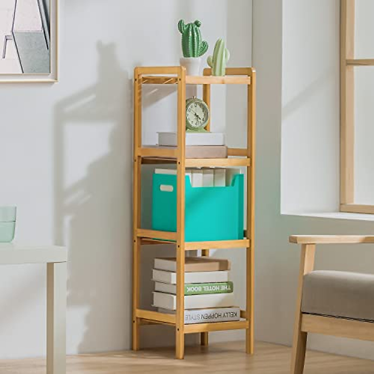 MoNiBloom Bamboo Bookcase 4 Tier Corner Standing Storage Bookshelf Kids Open Shelf Organizer Display Rack Table for Bathroom Bedroom Office, Natural