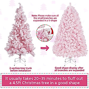 Yaheetech 4.5ft Pre-lit Artificial Christmas Tree with Incandescent Warm White Lights, Snow Flocked Full Prelighted Xmas Tree with 340 Branch Tips, 150 Incandescent Lights & Foldable Stand, Pink
