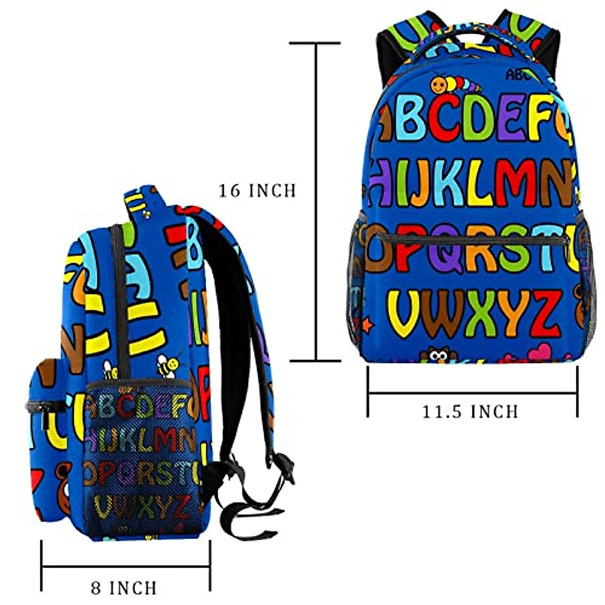 Colorful Alphabet Pattern Blue Lightweight School Classic Backpack Travel Rucksack for Women Teens