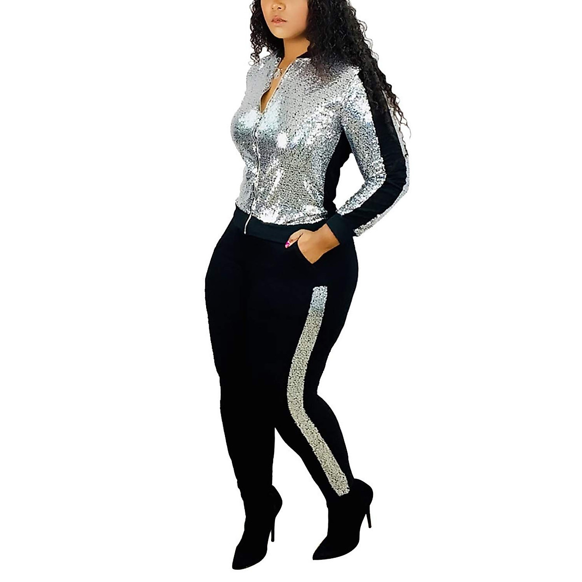 SIAEAMRG Women 2 Piece Glitter Sequin Outfits Tracksuit, Long Sleeve Jacket Tops Bodycon Long Pants Sparkle Sweatsuit Club Wear (Silver, L)