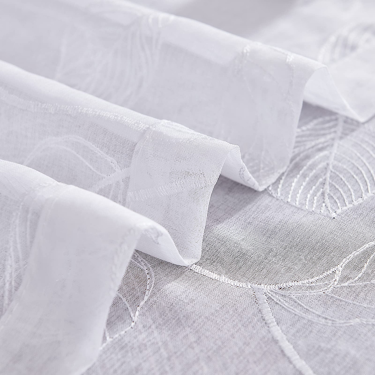 Topick White Sheer Leaf Curtain Kitchen Valance for Windows Leaf Embroidered Voile Small Curtain Valance Semi Sheer Farmhouse Curtain 16 Inch Rod Pocket 1 Panel White