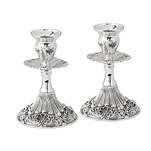 Silver Plated Candlesticks - 2 Pack Set - Pair of 5 Inch Ornate Candle Holders with Round Base and Floral Design