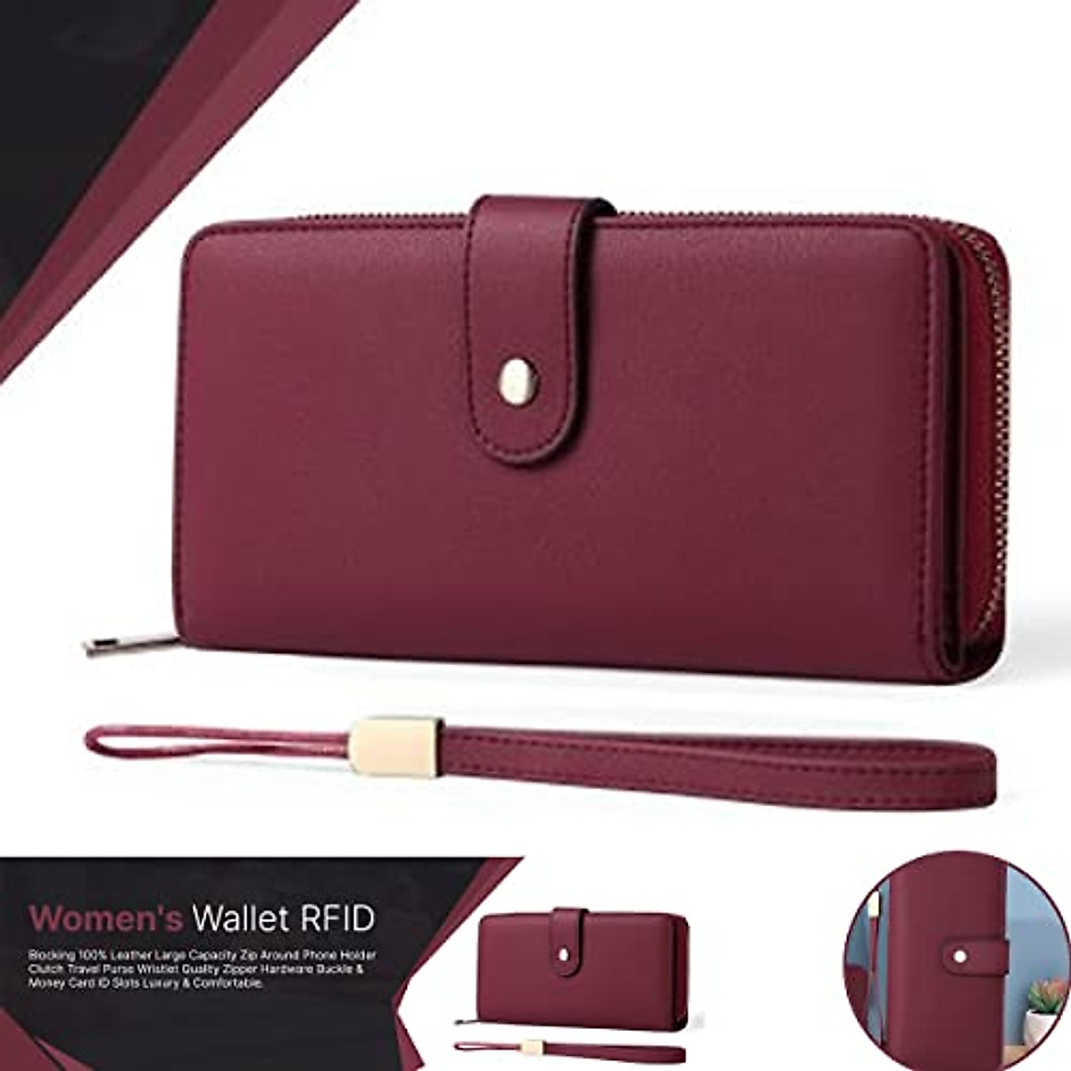 Arrow Dancer Women's 100% Leather Wallet RFID Blocking Girls Best Choice Designer Phone Holder Clutch Travel Purse Wristlet Ladies Clip Bifold Zipper Buckle 15+ Handy Money Card ID Slots (Maroon)