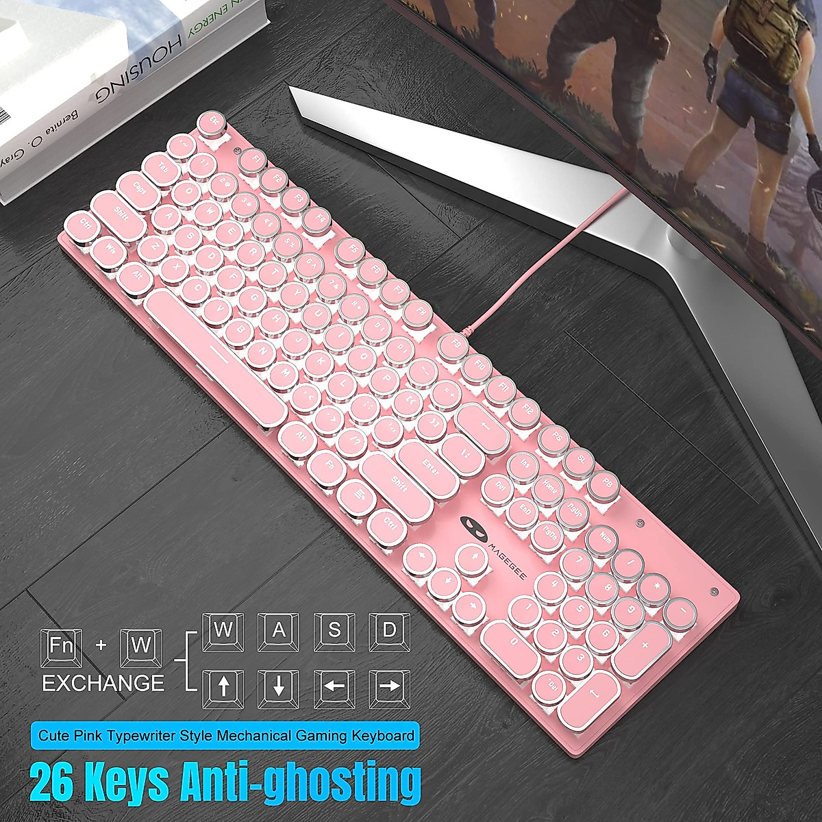 Typewriter Style Mechanical Gaming Keyboard, Pink Punk Gaming Keyboard with White Backlit, 104 Keys Blue Switch Wired Cute Keyboard, Round Keycaps for Windows/Mac/PC